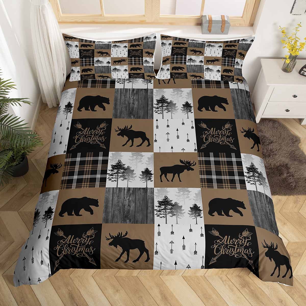 Farmhouse Bear Comforter Cover Queen Size, Rustic Patchwork Plaid Duvet Cover Teens Adult ...