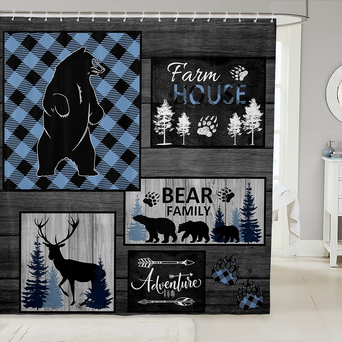 Farmhouse Bear Deer Shower Curtain,Rustic Patchwork Plaid Bathtub ...