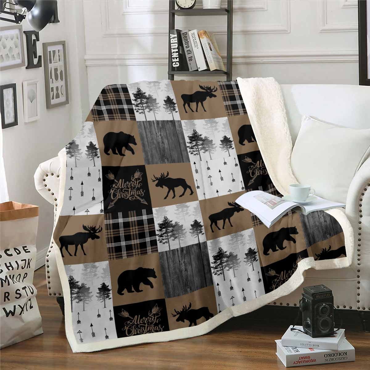 Farmhouse Bear Fleece Blanket Queen Size, Rustic Patchwork Plaid Throw ...