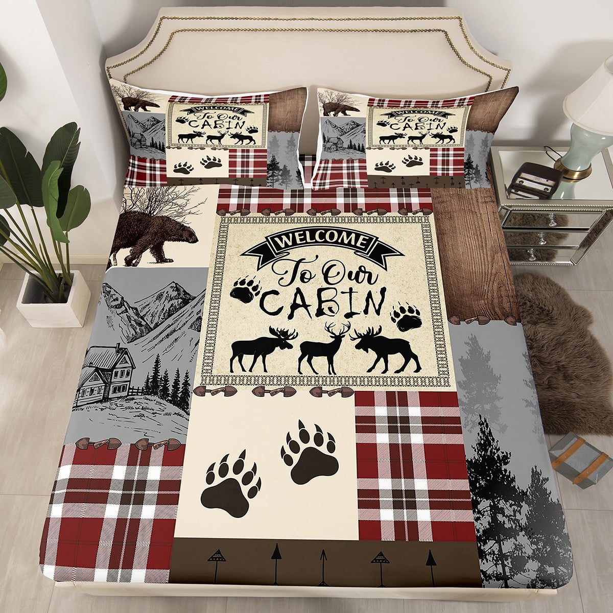 Farmhouse Cabin Fitted Sheet, Rustic Bear Deer Bedding Set Queen Size ...