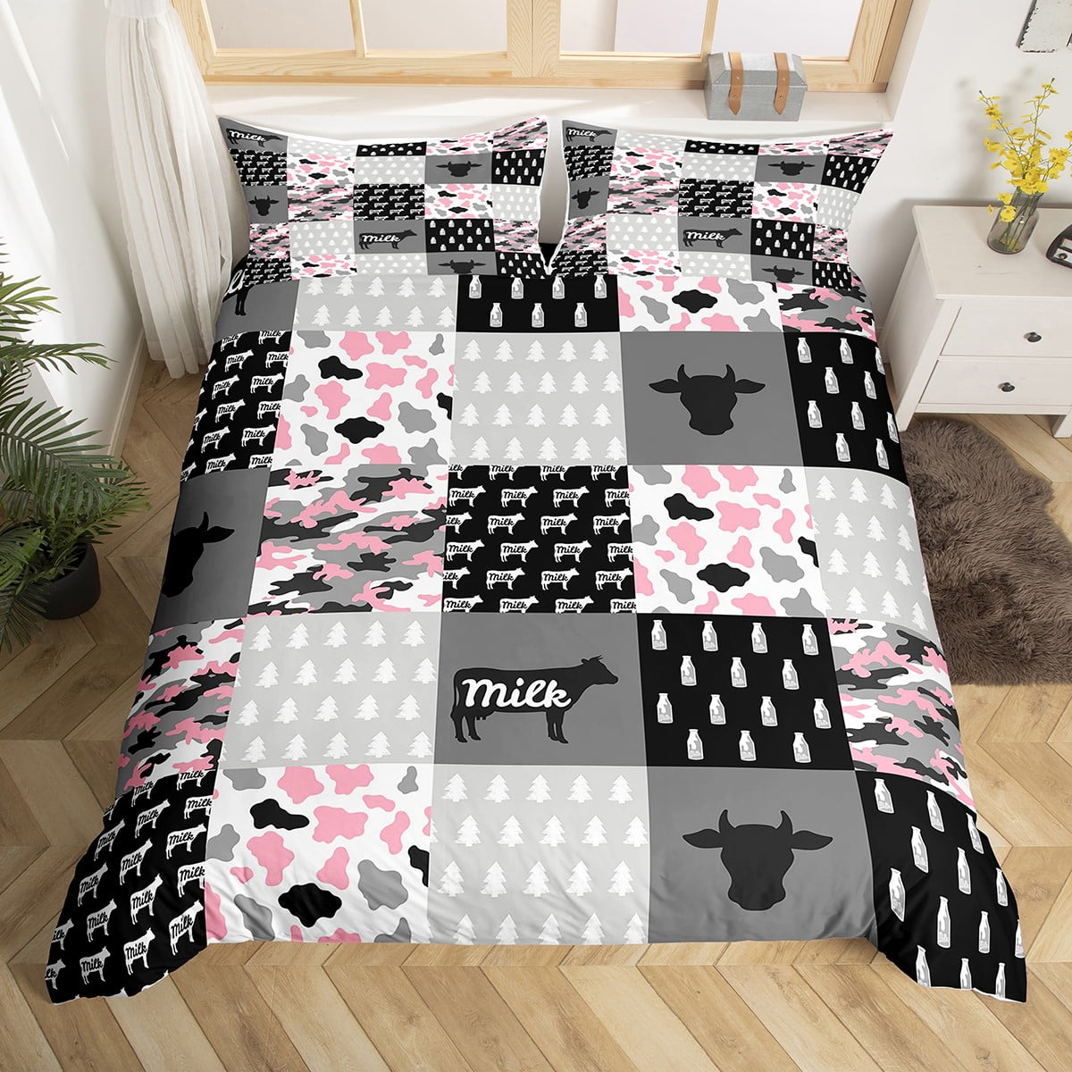 Erosebridal Farmhouse Duvet Cover Full,Pink Grey Milk Cow Camo Bedding Set,Rustic Cowhide ...