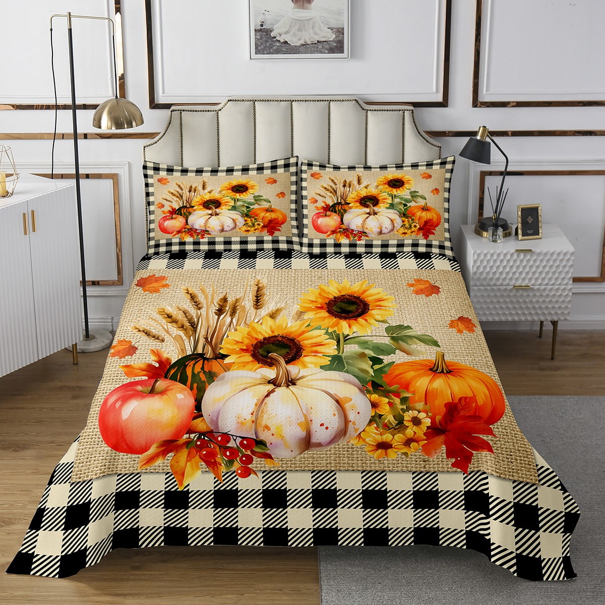 Farmhouse Fall Bedspread Set Queen Rustic Sunflower Pumpkin Coverlet ...
