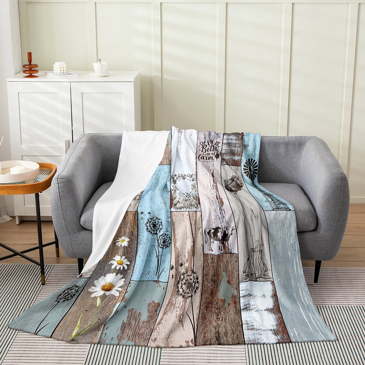 Farmhouse Flannel Blanket Queen 90x90 inch,Vintage Country Rustic Throw ...