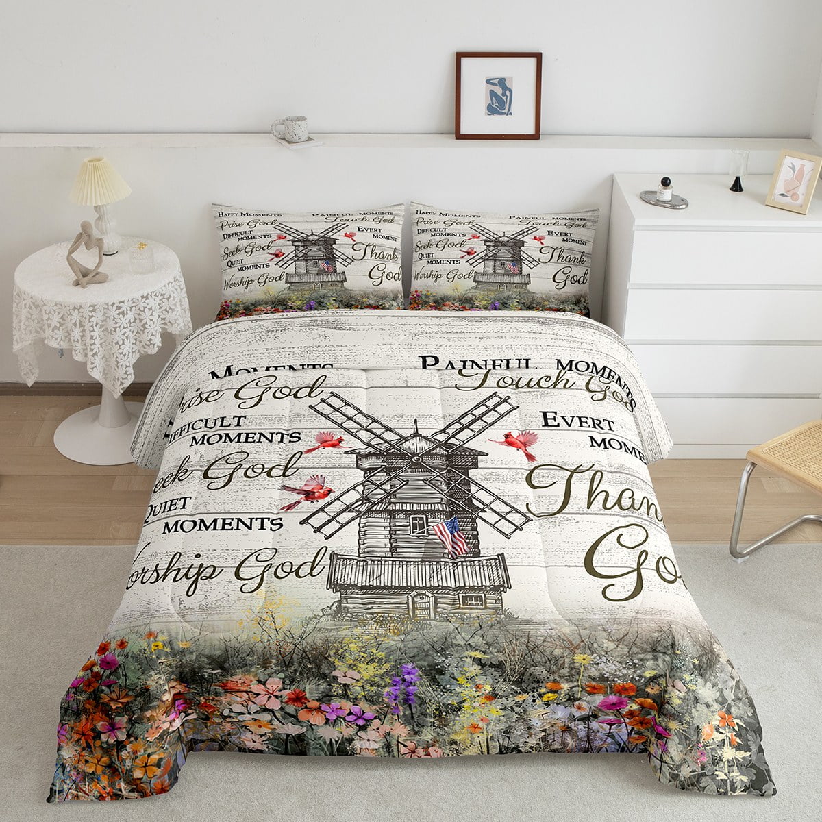 YST Farmhouse Hummingbird Comforter Set Rustic Windmill Bedding Set ...