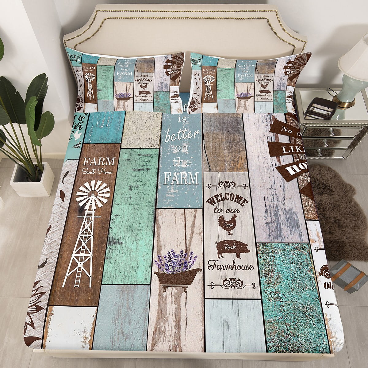 Farmhouse Rustic Bedding Set Cabin Room Decor, Vintage Country Wooden ...