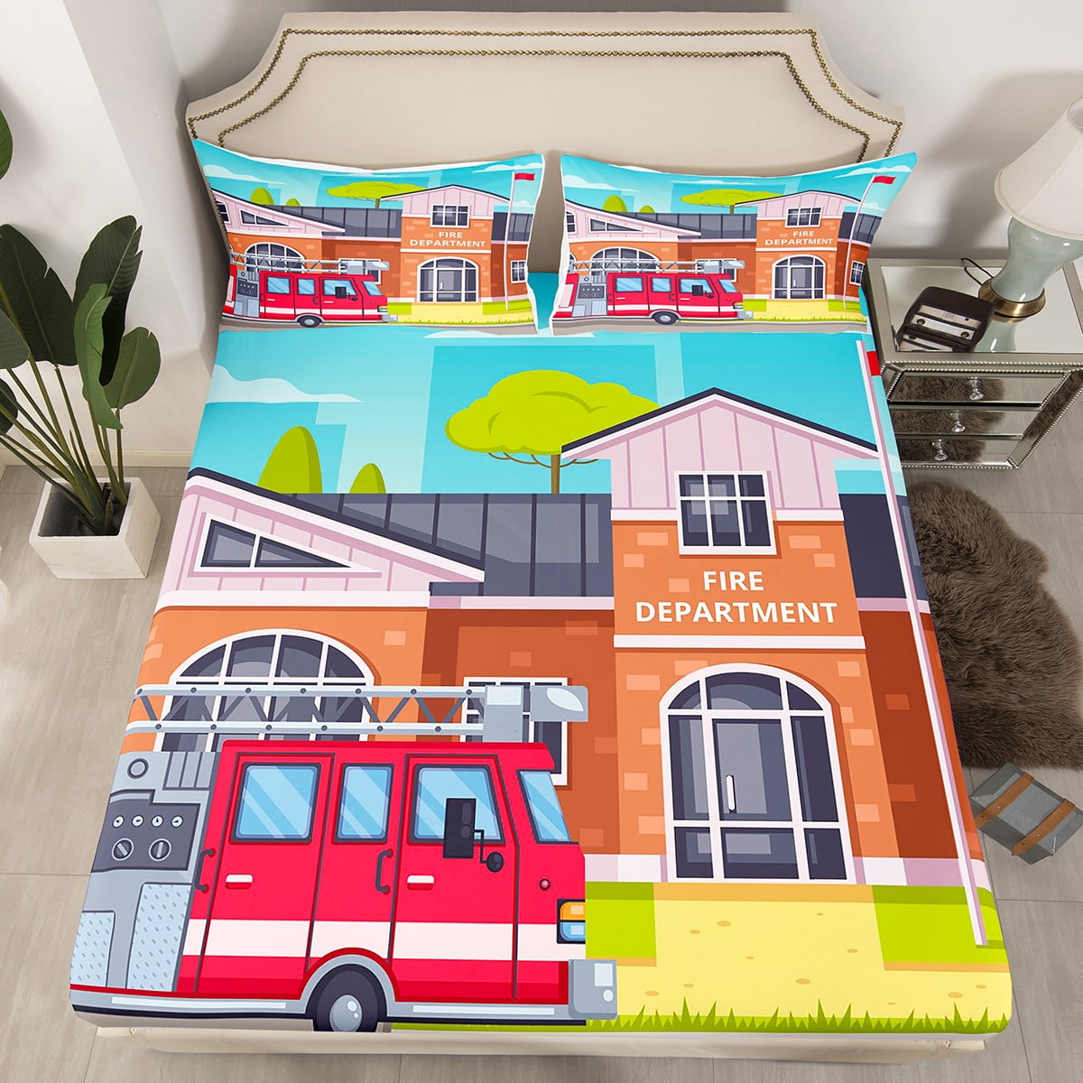 YST Fire Truck 3 Pieces Queen Bedding Set Firemen Car Vehicle Fitted ...