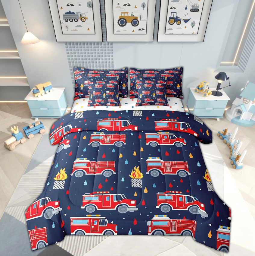Fire Truck Bedding Full Size 7pcs, Cartoon Bus Cars Comforter Set Bed ...