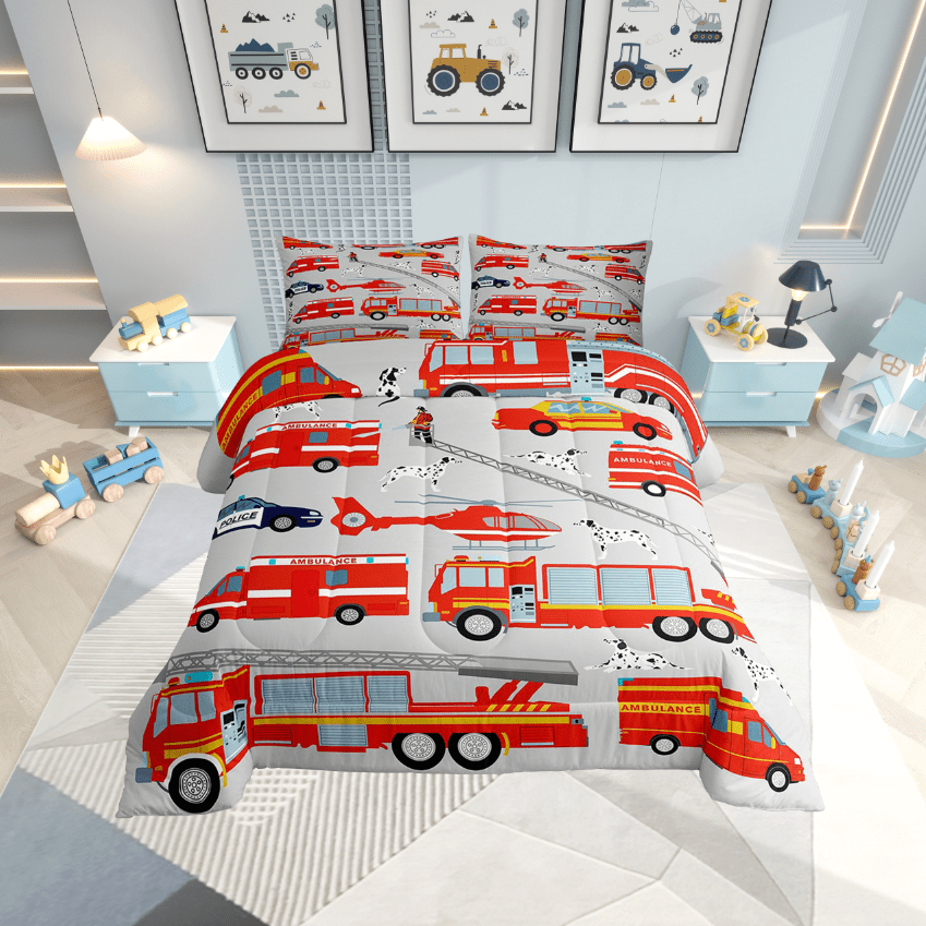 Erosebridal Fire Truck Bedding Red Fire Engine Vehicle Comforter Set ...