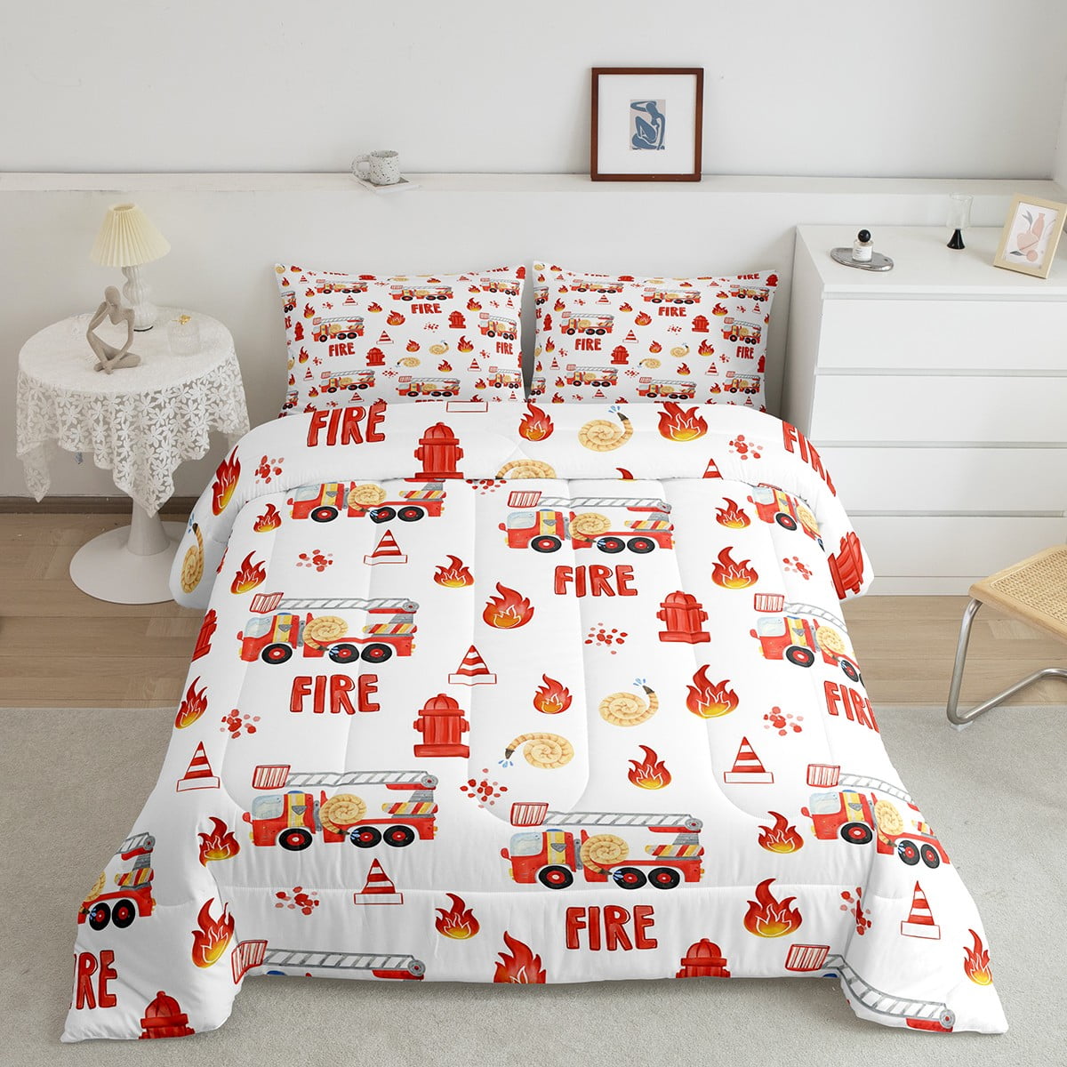 YST Fire Truck Bedding Comforter Sets Bedroom Decor, Toddler Kids Fire ...