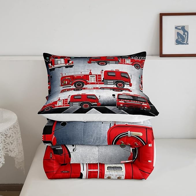 YST Fire Truck Comforter Set Twin Size Red Fire Engine Duvet Insert ...