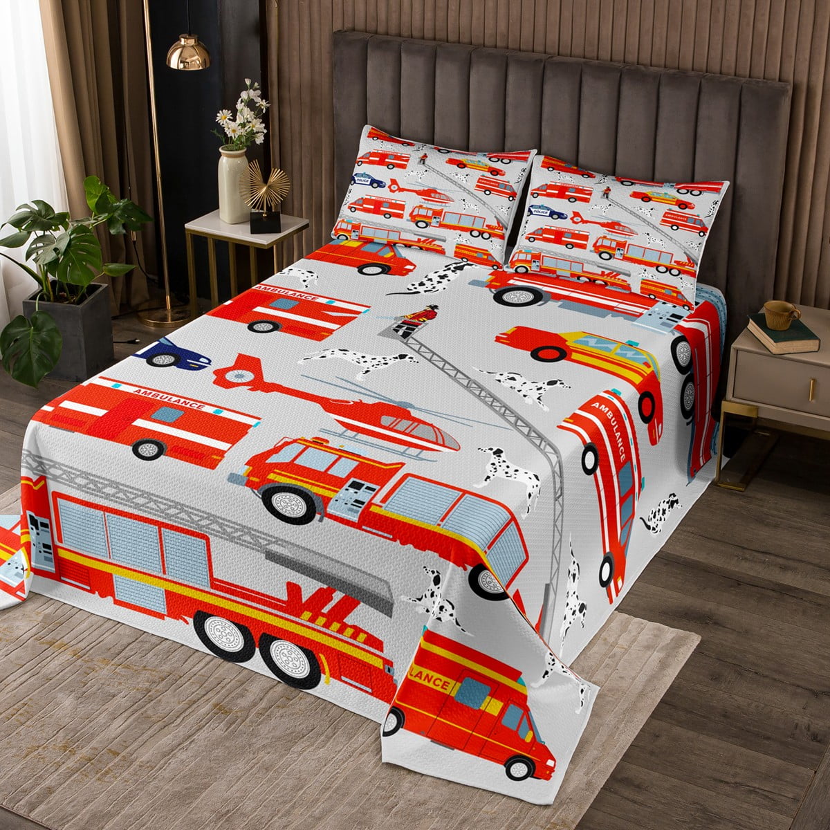 Erosebridal Fire Truck Coverlet Set Red Fire Engine Vehicle Bedspread ...