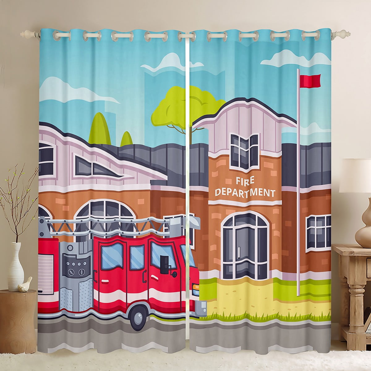 Erosebridal Fire Truck Curtains Firemen Car Vehicle Blackout Curtains Fire Department Curtains ...