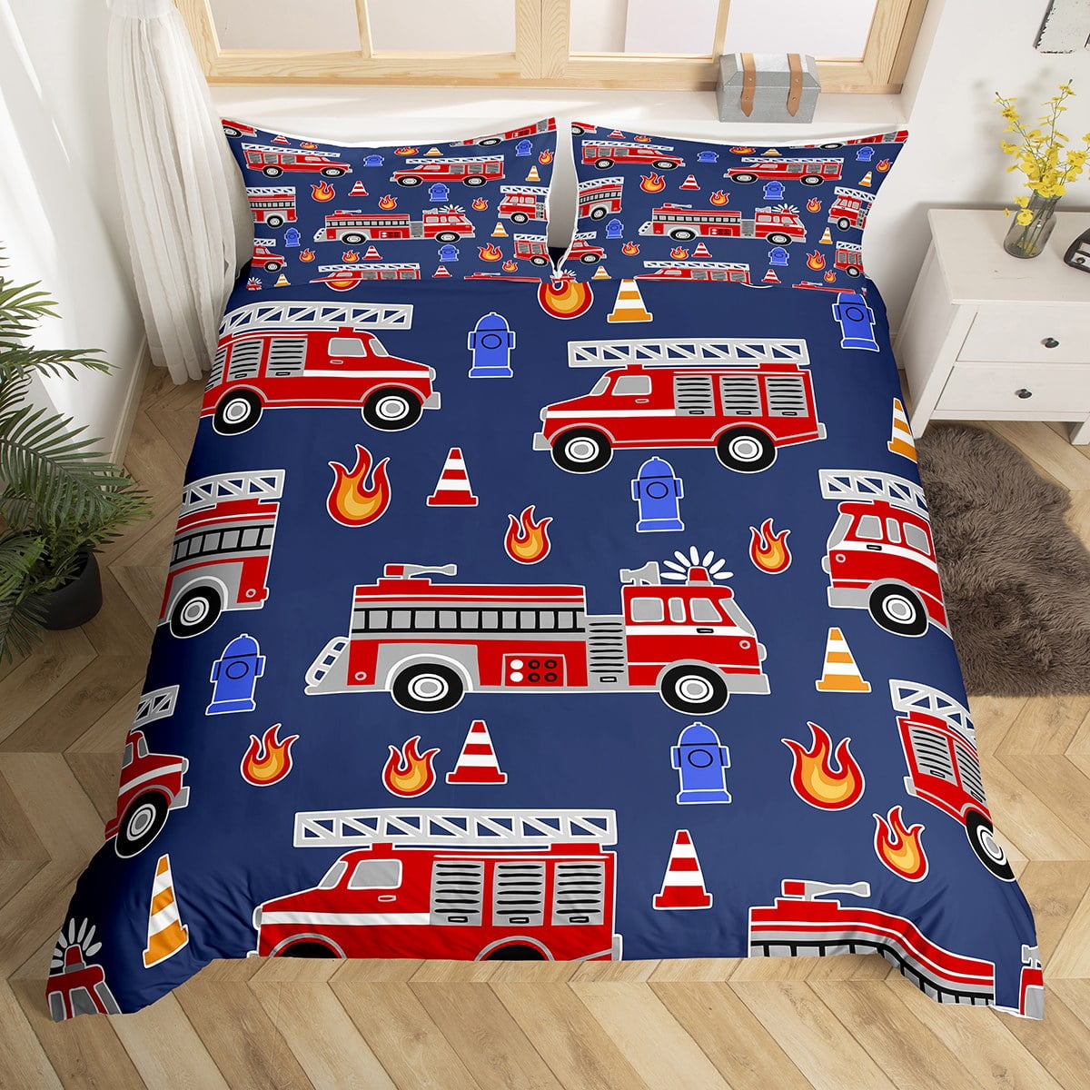 YST Fire Truck Duvet Cover Fire Engine Theme Bedding Set Queen Size for ...