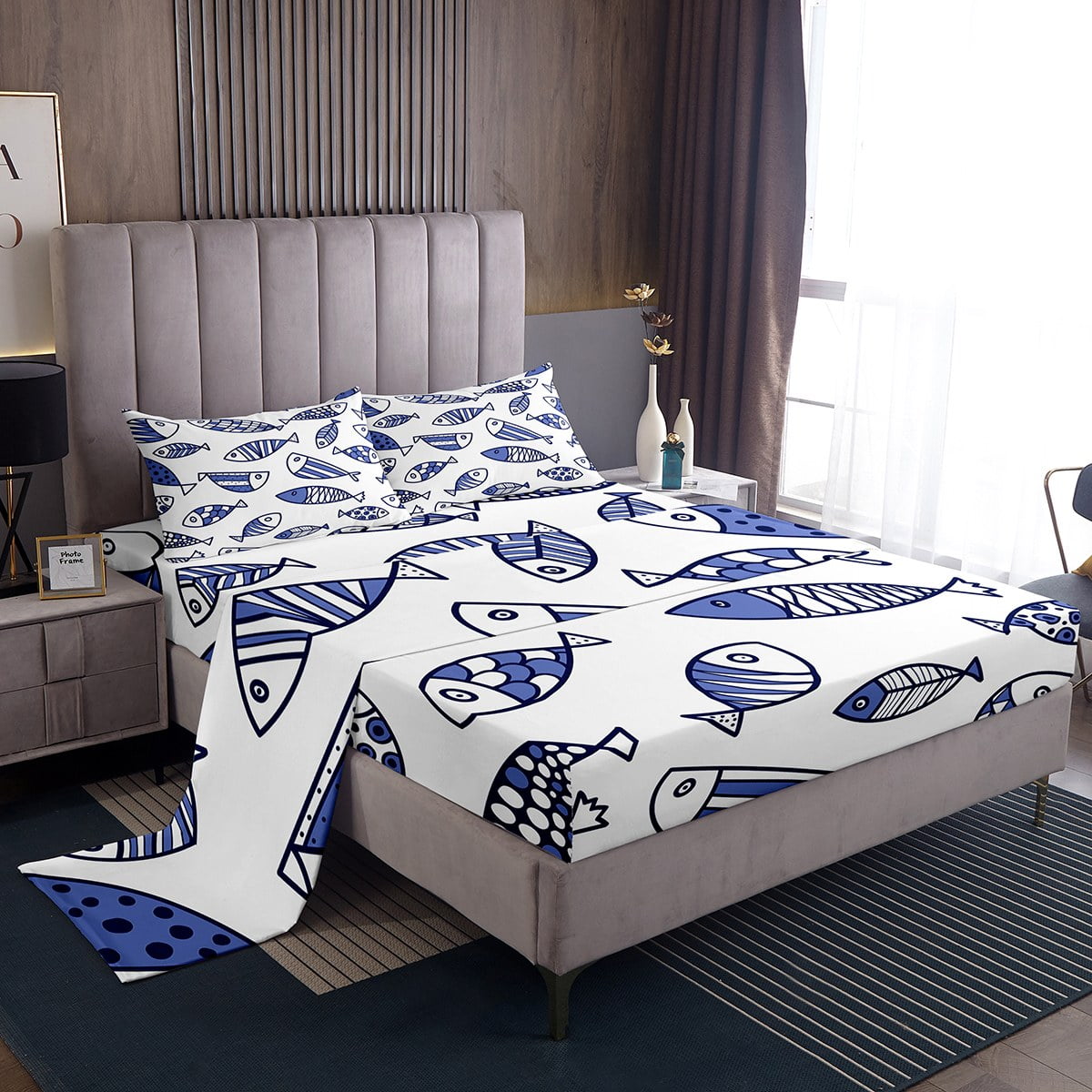 Erosebridal Fish Bed Sheets Set King, Ocean Life Bedding, Hand Drawn ...