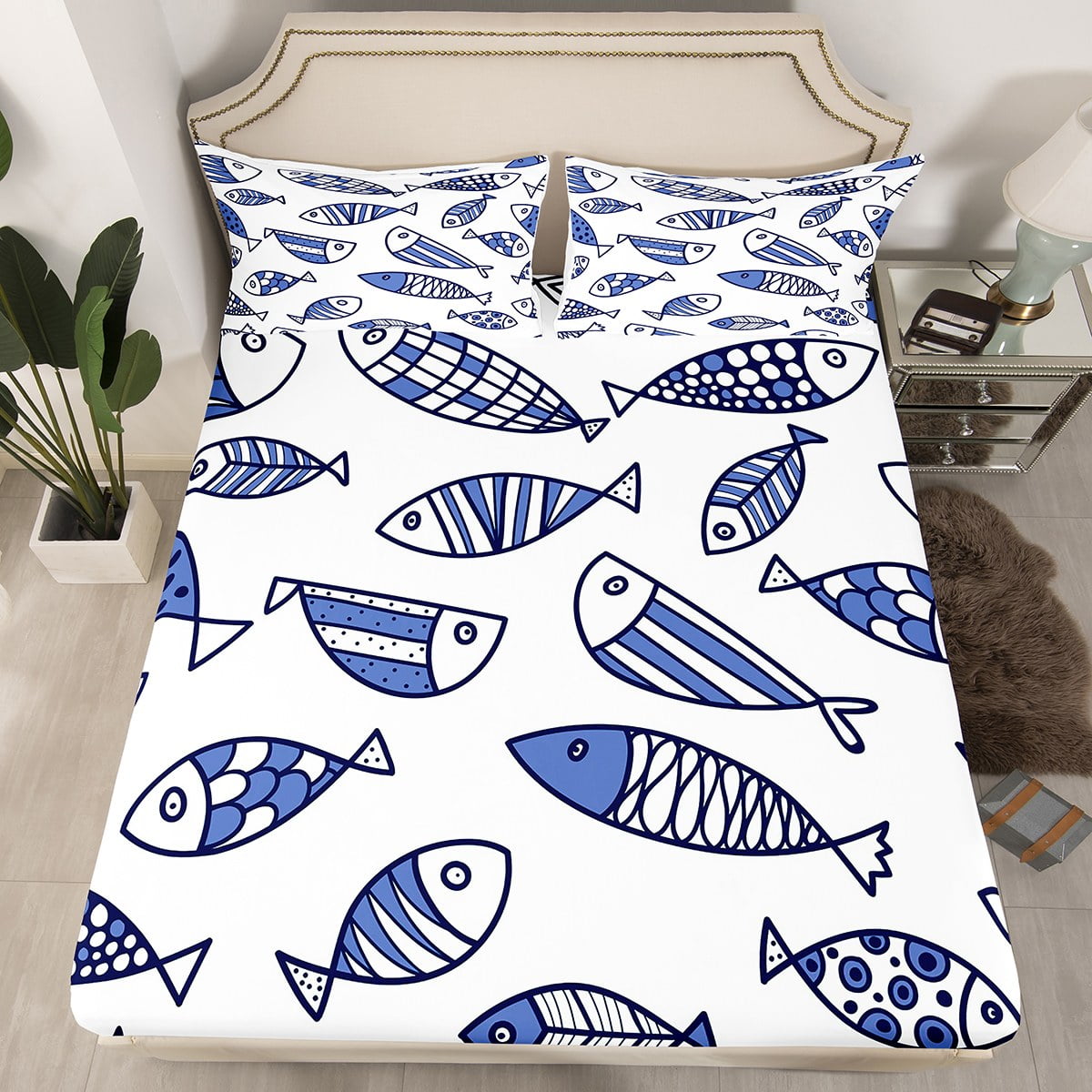 Erosebridal Fish Bed Sheets Set Queen, Ocean Life Bedding, Hand Drawn ...
