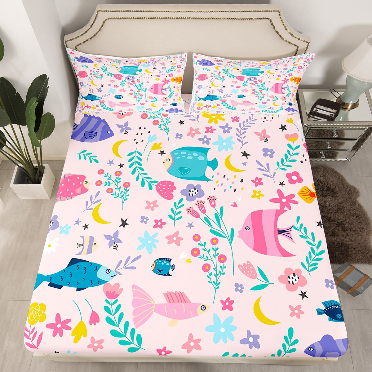 Fish Bedding Set Cartoon Fishes Boho Bed Sheets 3Pcs Watercolor Aquatic ...