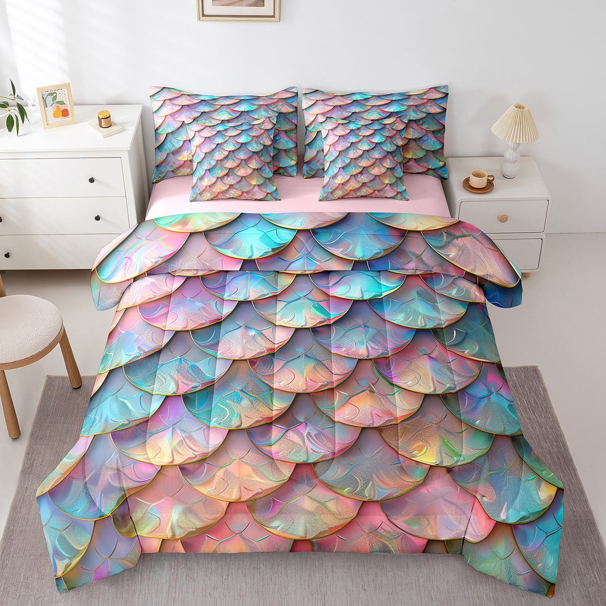 YST Fish Scales 7 Piece Comforter Set Queen Size,Mermaid Scales Bed in ...