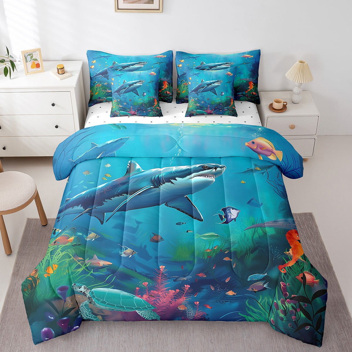 Fish Shark Comforter Set King 7 Piece Ocean Marine Life Animals Bed in ...