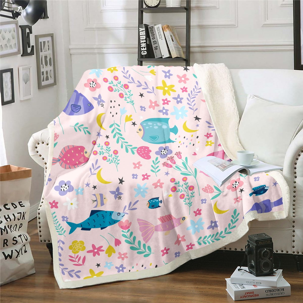 Fish Throw Blanket Cartoon Fishes Boho Fleece Blanket Watercolor ...