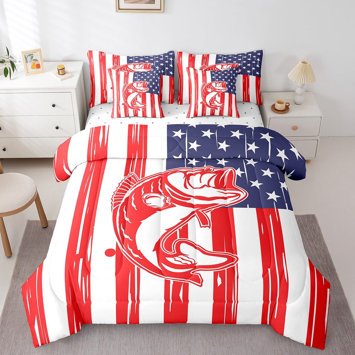 YST Fishing Comforter Set Full Size 7 Piece,Bass Fish Bedding Set With ...