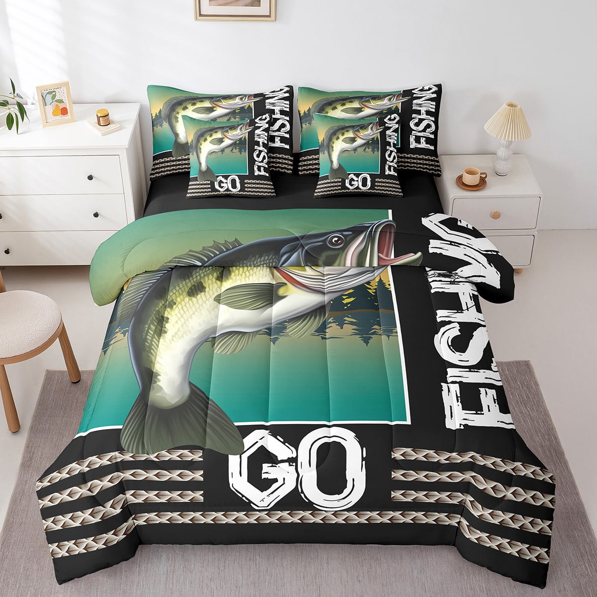 YST Fishing Comforter Set Full Size 7 Piece,Ocean Big Pike Bass Fish ...