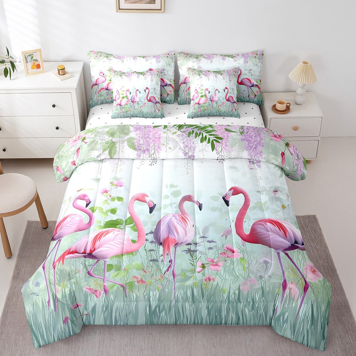 Flamingo 7 Pcs Comforter Set Full, Pink Flamingo Sheet Set Bed In A Bag ...