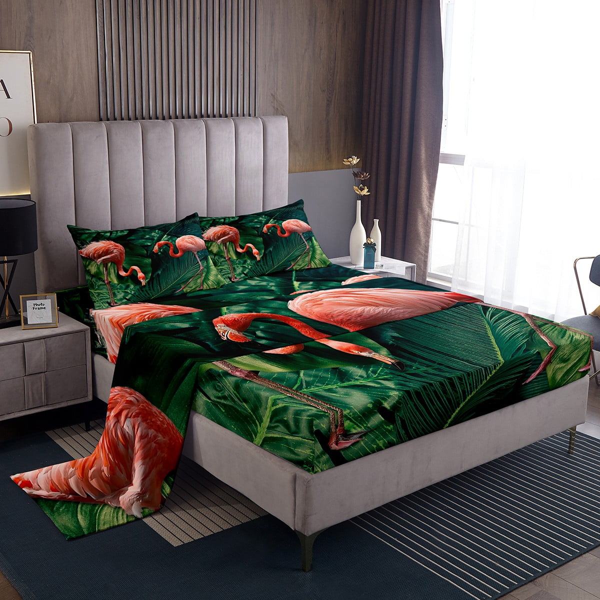 Erosebridal Flamingo Bed Sheets Set Botanical Palm Tree Upholstery ...