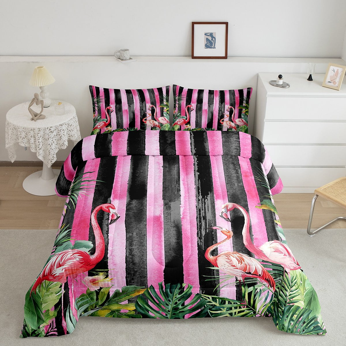 Flamingo Comforter Set Full,Tropical Bed Set Palm Tree Leaf Quilt Set ...