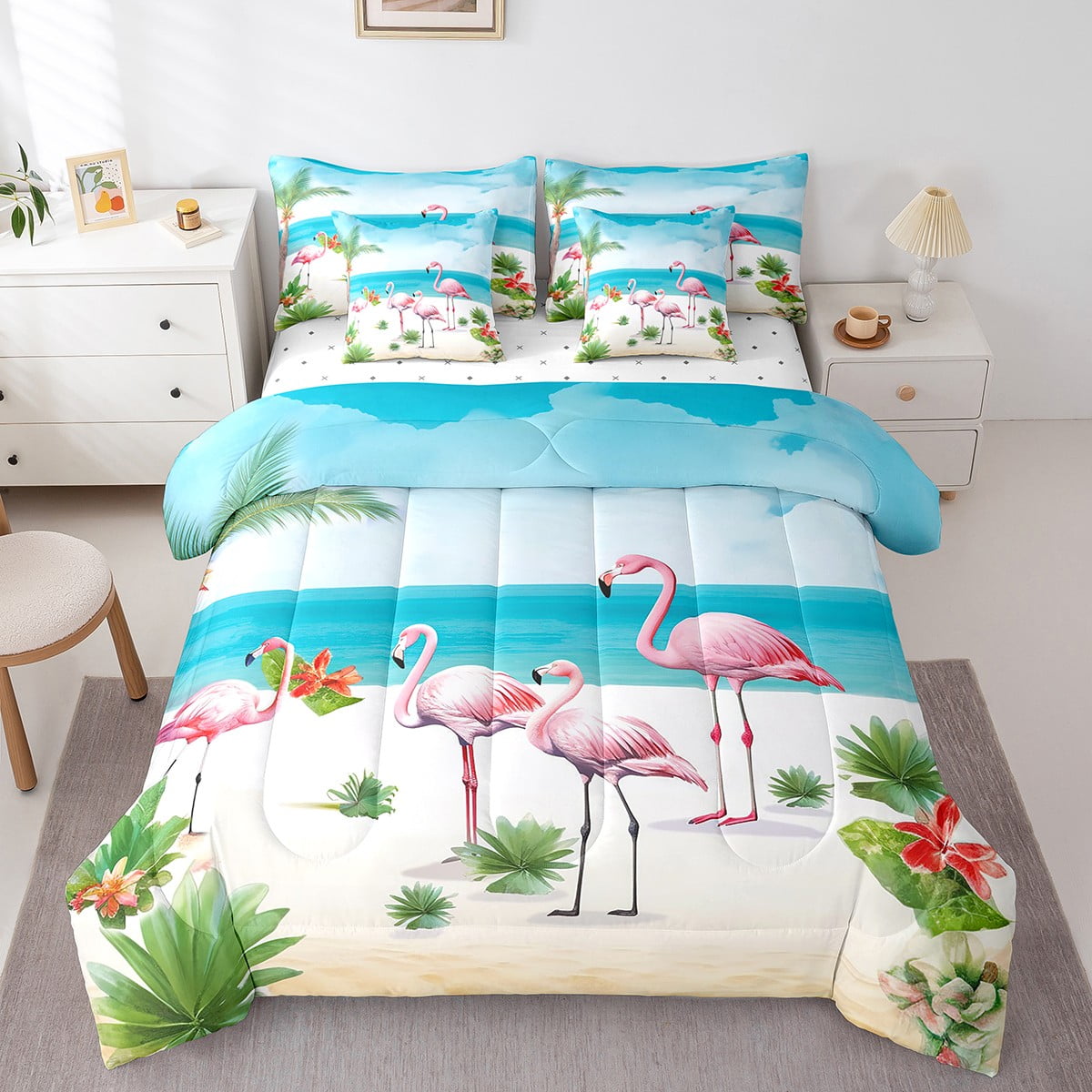 Erosebridal Flamingo Duvet Set, Palm Tree Comforter Set 7 Pcs Full ...