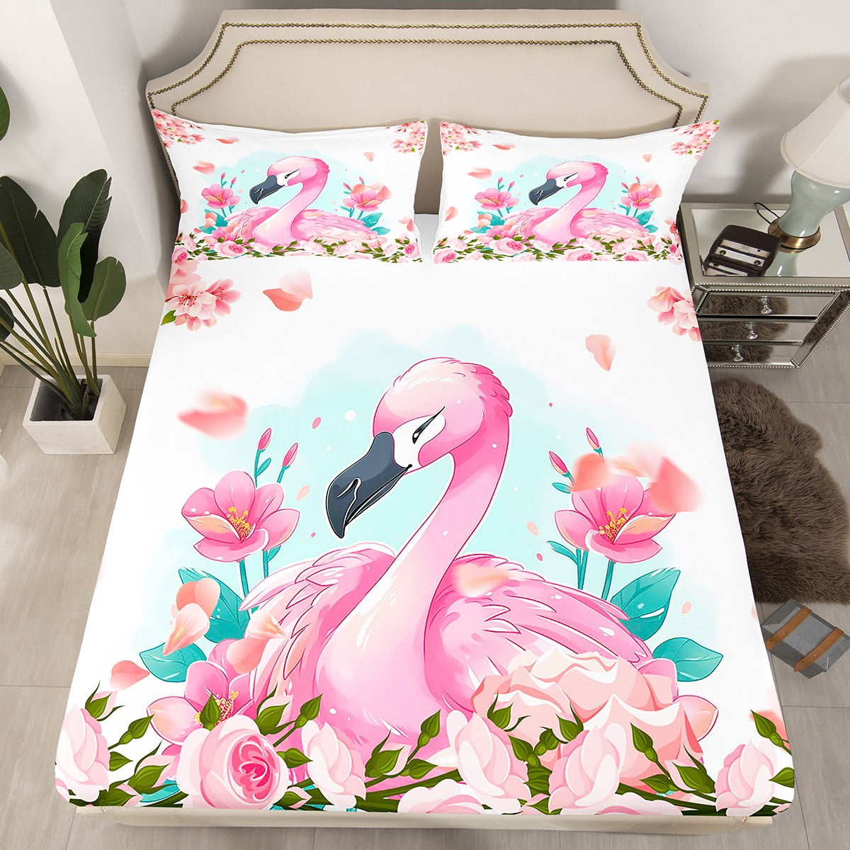 Flamingo Fitted Sheet Pink Tropical Bird Bed Sheets Teens Women Romance ...