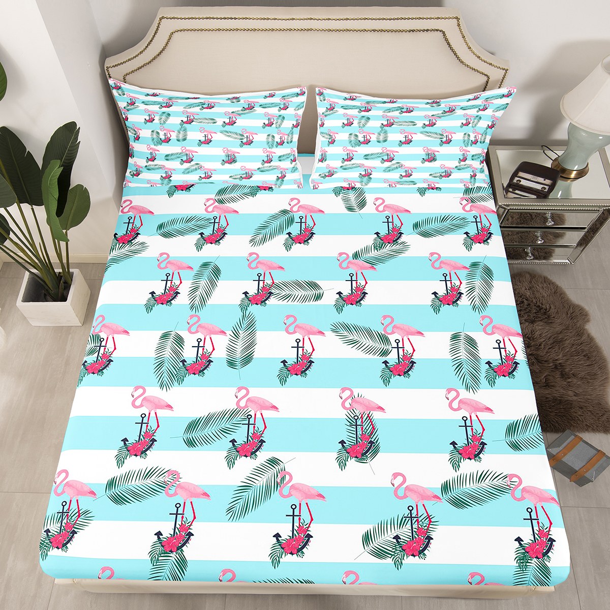 Erosebridal Flamingo Fitted Sheet Queen Women Green Palm Leaves Print ...
