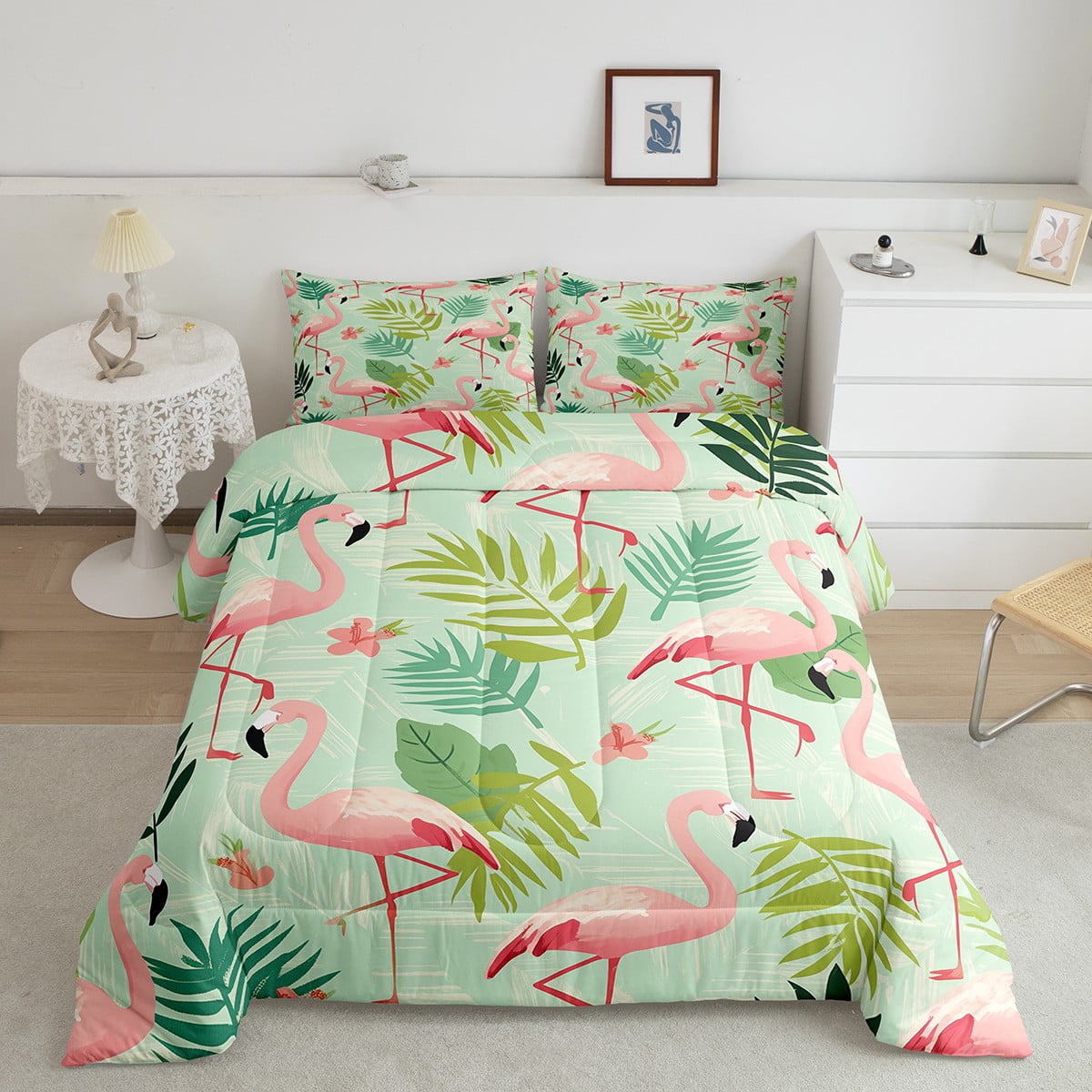 YST Flamingo Full Bedding Set for Kids Teens,Green Palm Tree Leaves ...