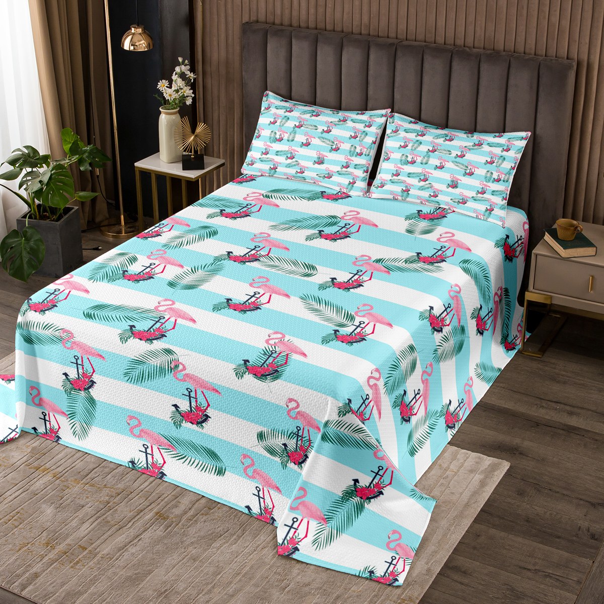 Erosebridal Flamingo Quilt Set Queen Women Green Palm Leaves Print ...