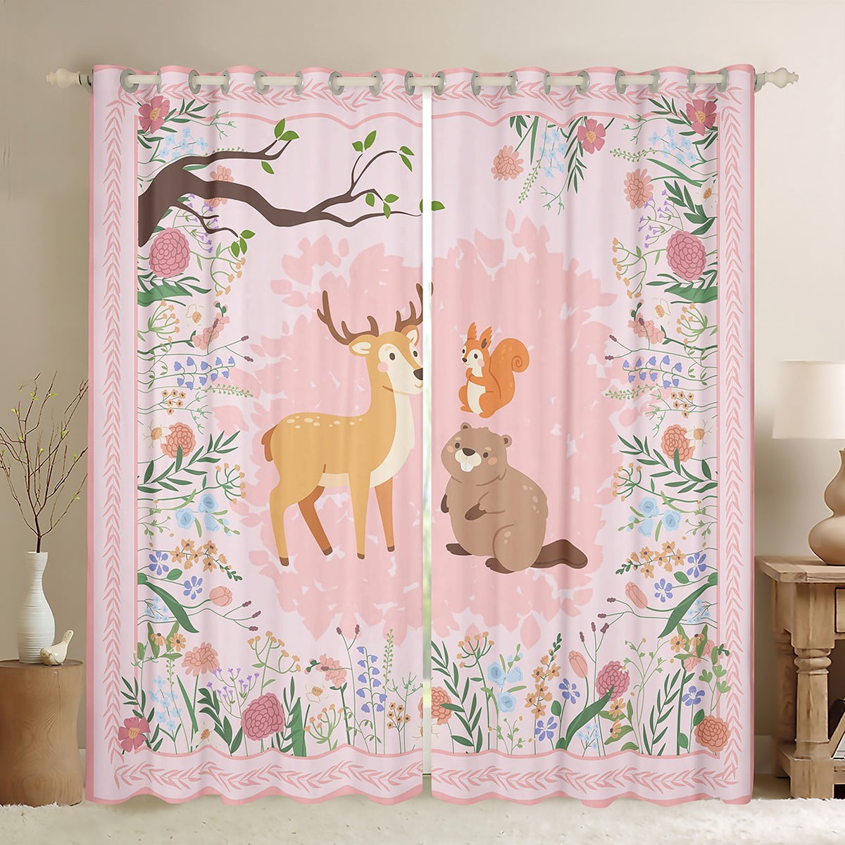 Floral Animal Curtains & Drapes - Cute Sika Deer Squirrel Curtains for ...
