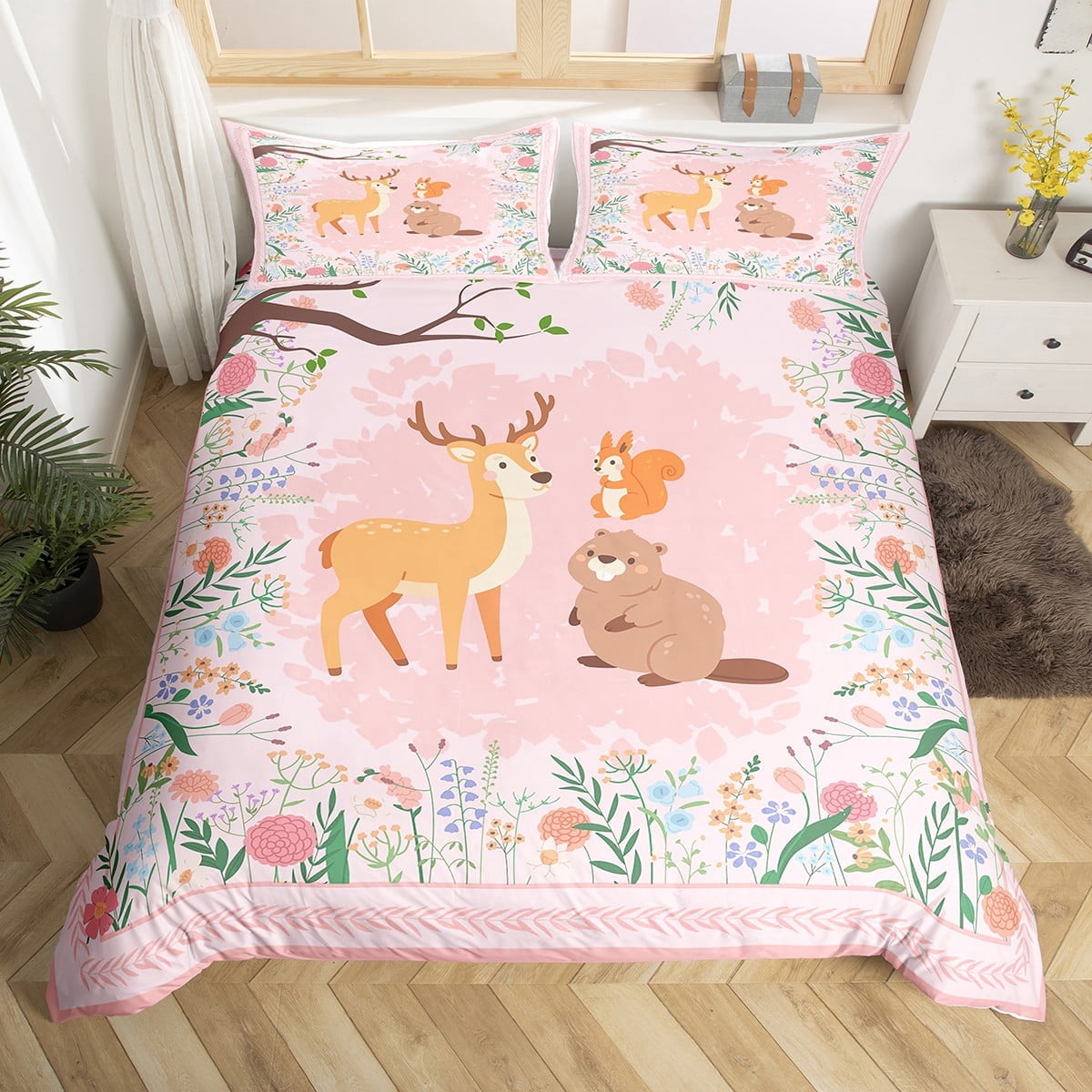 Floral Animal Bedding Set - Cute Sika Deer Squirrel Comforter Cover for ...