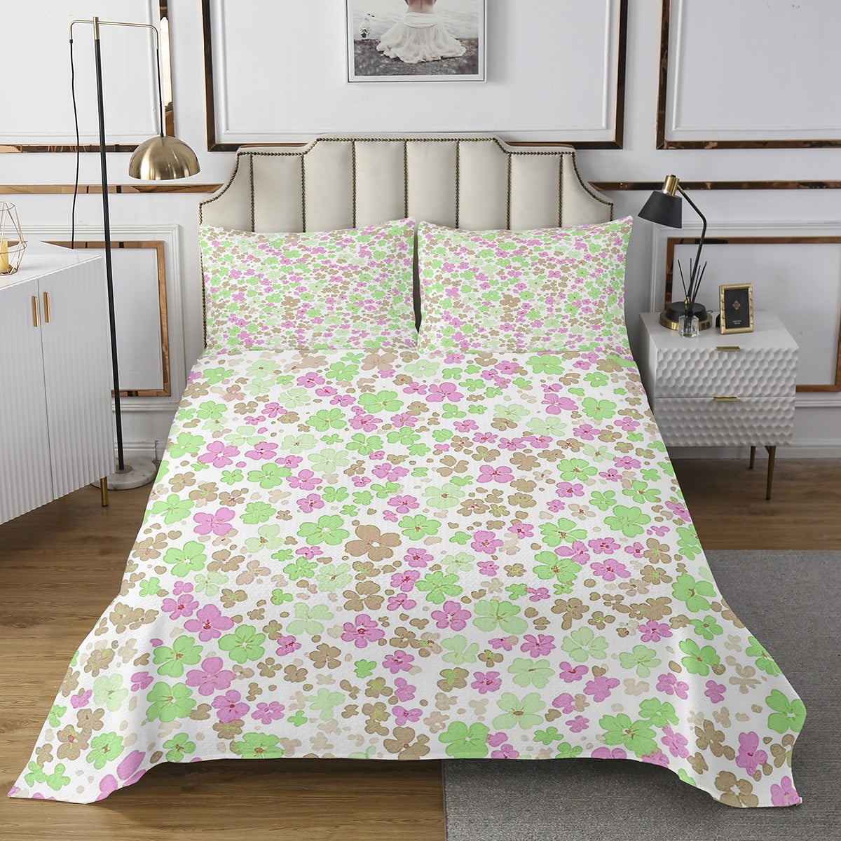 YST Floral Bedspread Set For Girls Kids Green Pink Floral Print Quilt ...