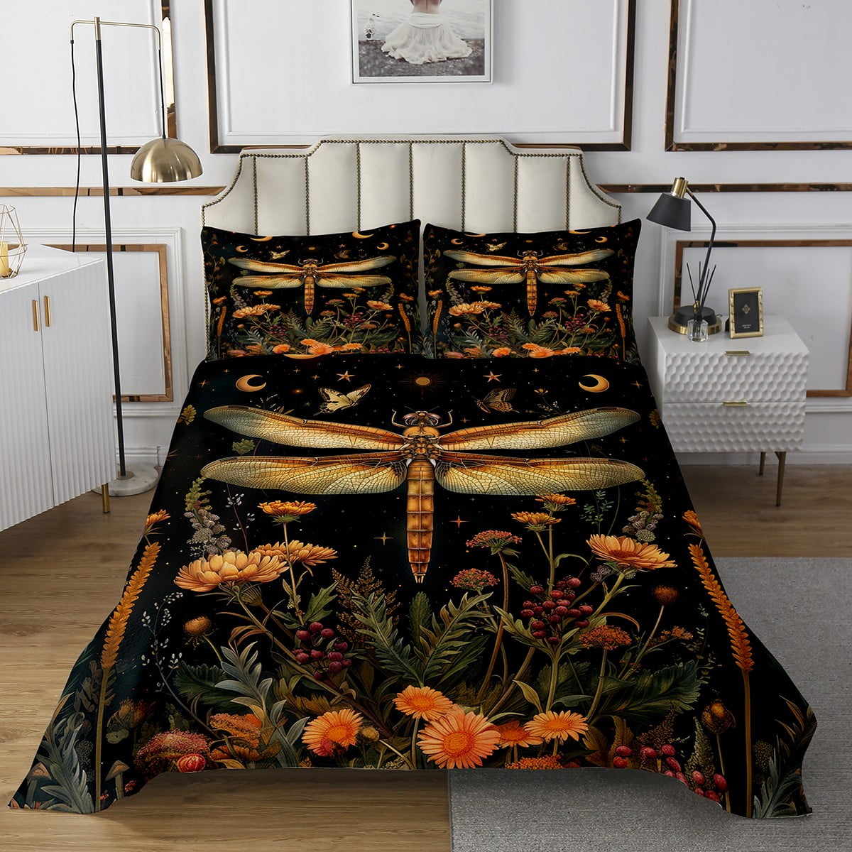 YST Floral Dragonfly King Quilt Set,Country Flower Plant Dragonfly ...