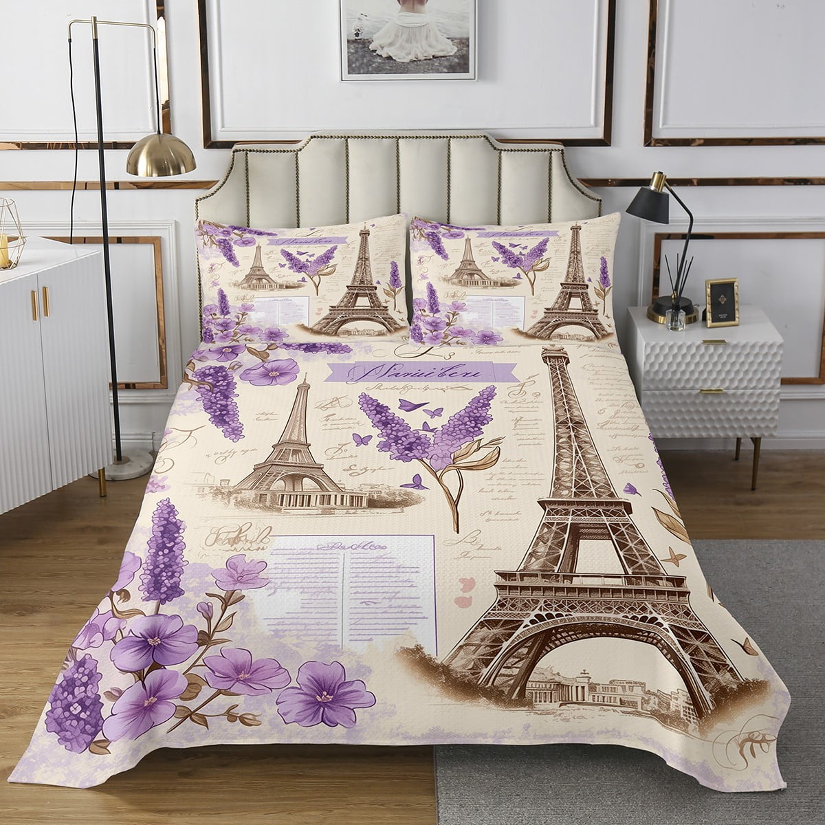 Floral Eiffel Tower Twin Quilt Set,Purple Lavender Flower Paris Bedding ...