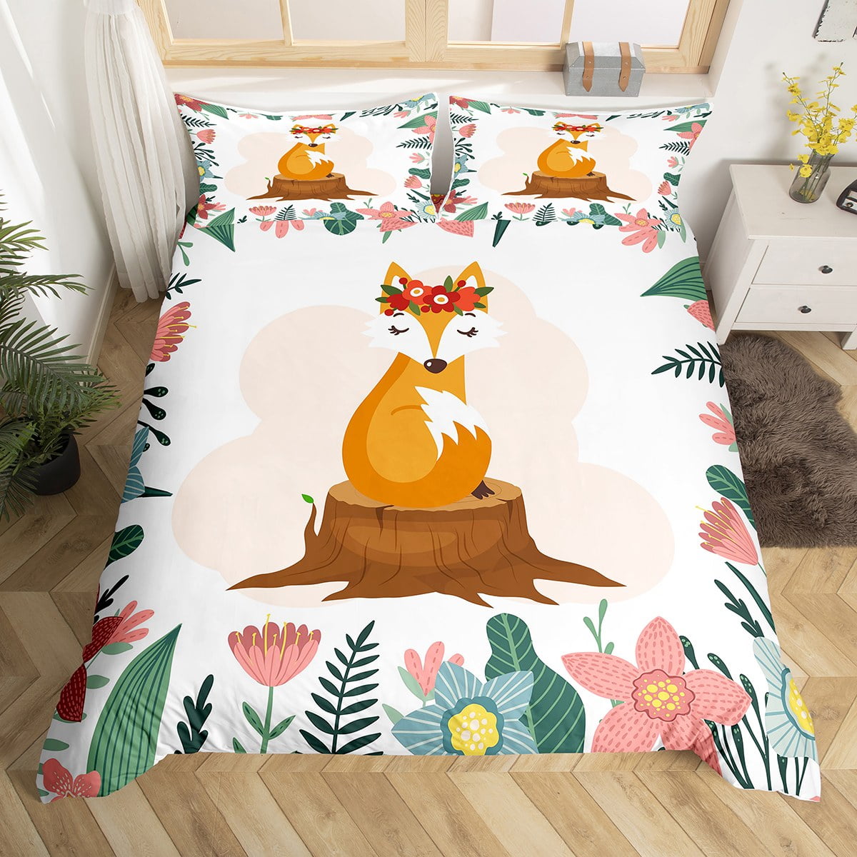 YST Floral Fox Duvet Cover Full Size Cute Botanical Flwoers Comforter ...