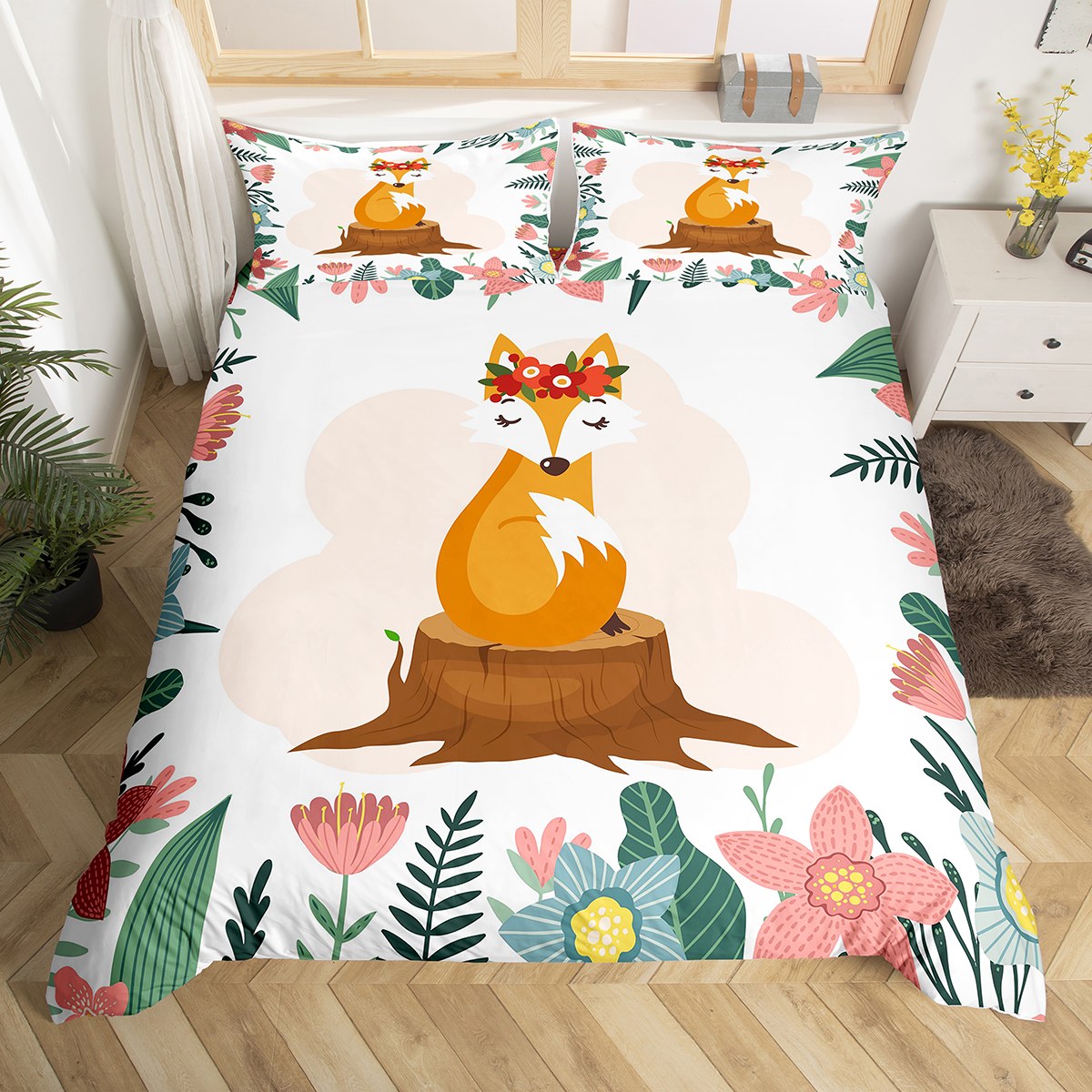 Floral Fox Duvet Cover Queen Size Cute Botanical Flwoers Comforter ...