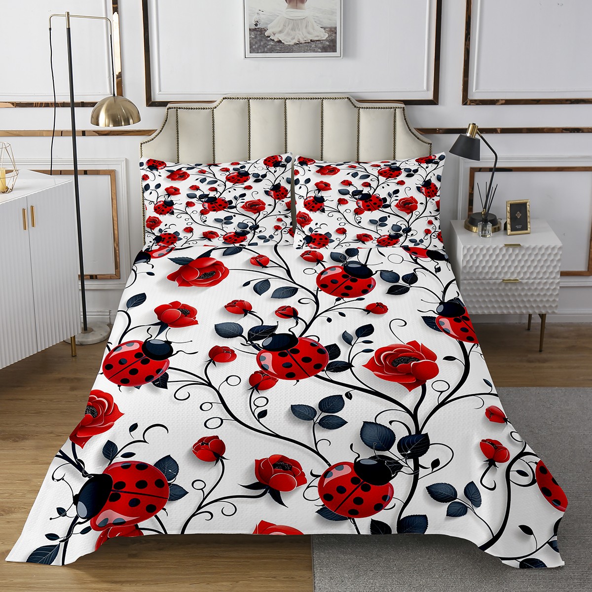YST Floral Ladybug Twin Quilt Bedding Set,Red and Black Rose Flower ...