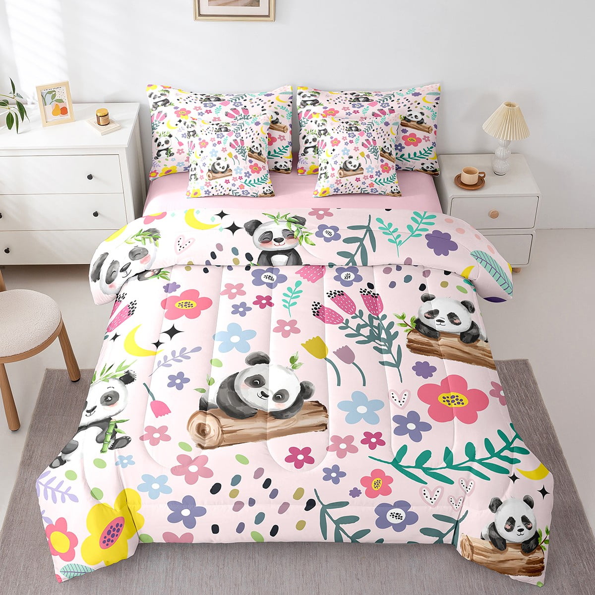 YST Floral Panda 7Pcs Bedding Sets Cartoon Panda Comforter Bed in a Bag Jungle Flower Animal ...