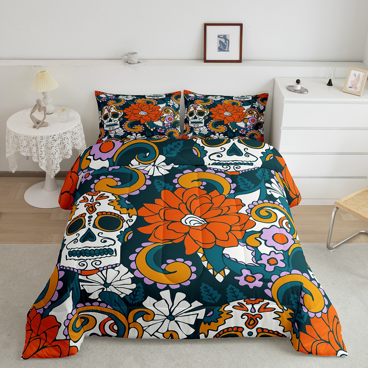YST Floral Skulls Comforter Set Skeleton Bones Boho Decor Bedding ...
