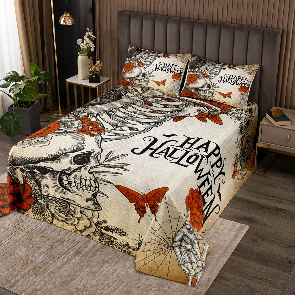Erosebridal Floral Skulls Quilt Set for Teens Adults Flying Skeleton ...