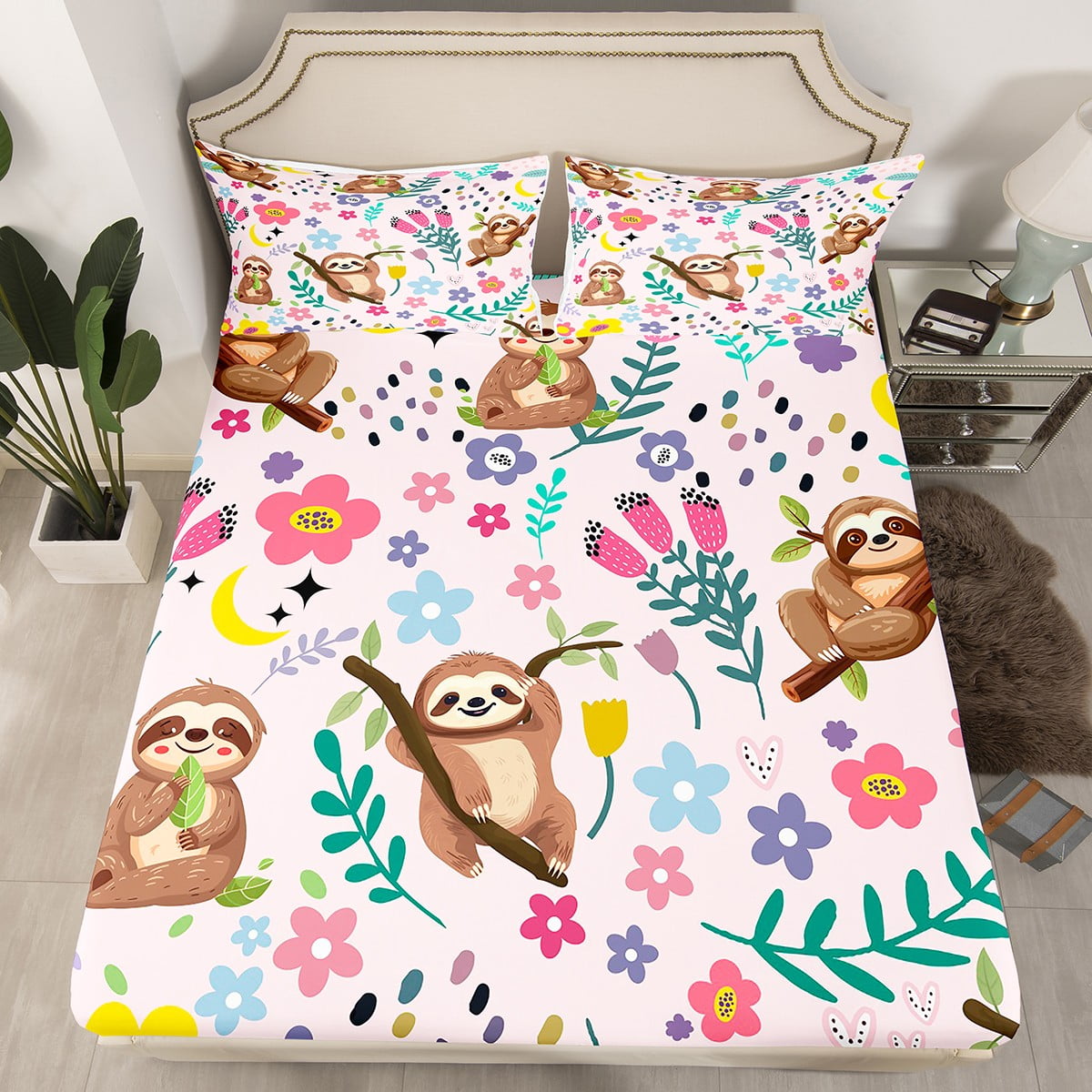 YST Floral Sloth Fitted Sheet for Kids Girls,Cartoon Koala Bed Sheets ...