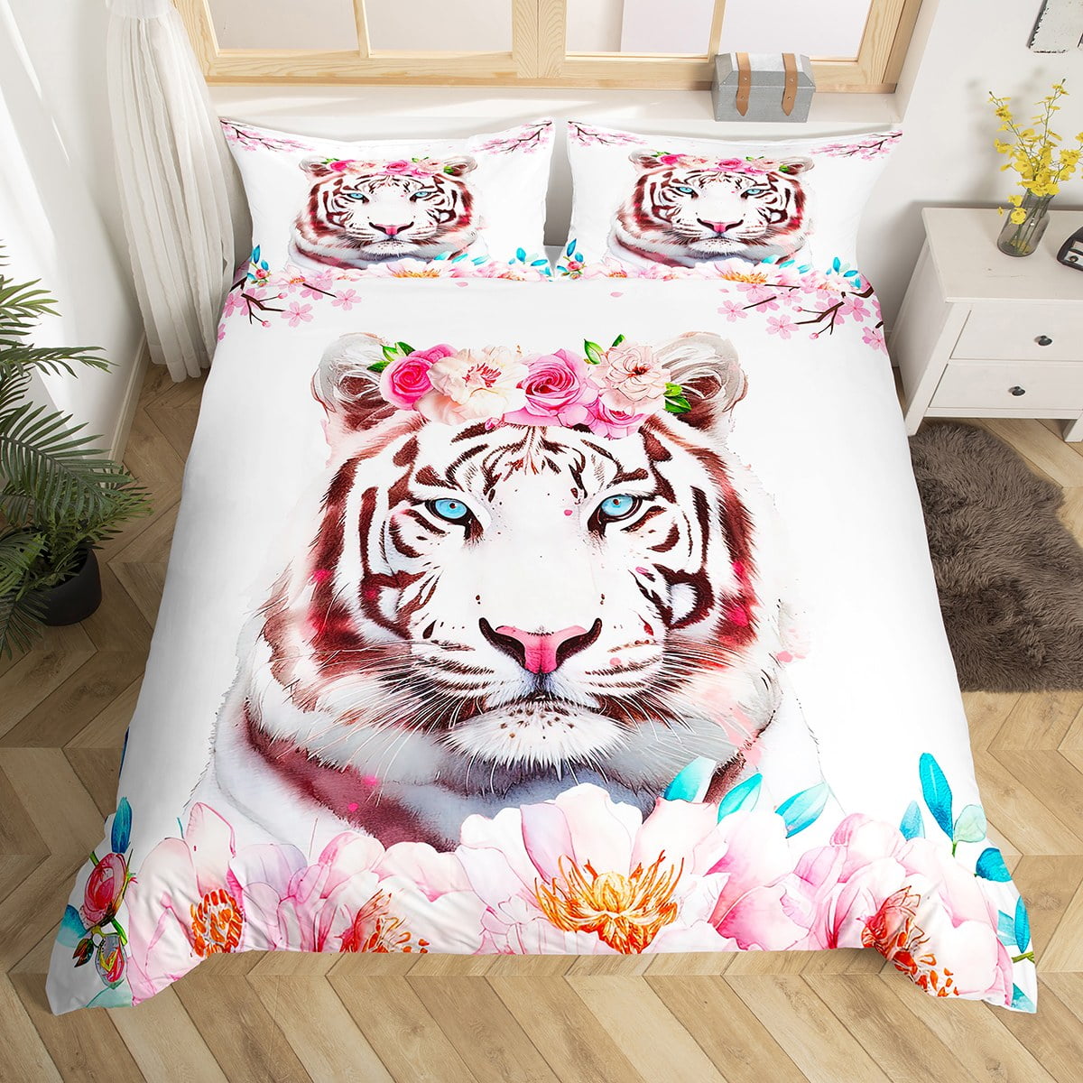 Erosebridal Floral Tiger Bedding Sets Pink Flowers Tiger Comforter ...