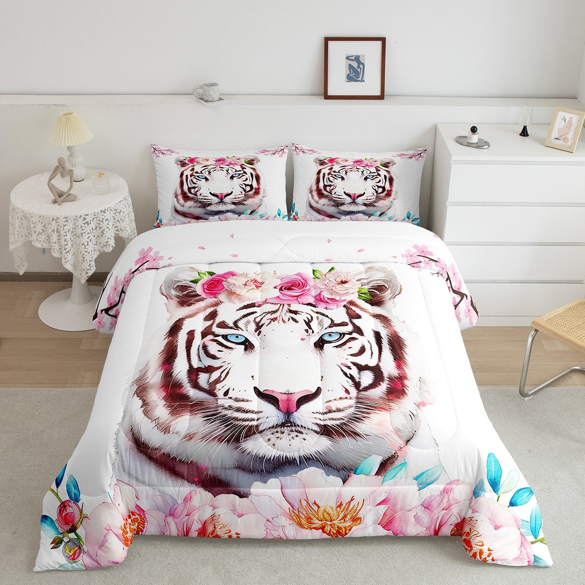 Erosebridal Floral Tiger Bedding Sets Pink Flowers Tiger Comforter Set ...