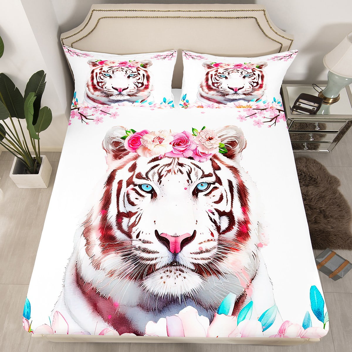 Erosebridal Floral Tiger Bedding Sets Pink Flowers Tiger Fitted Sheet ...