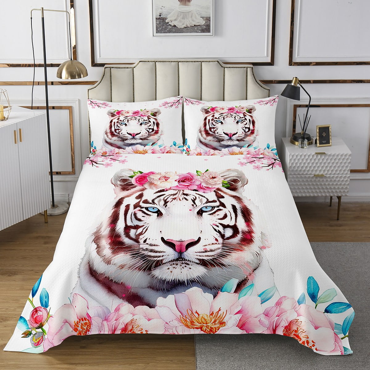 Floral Tiger Bedspread Set Pink Flowers Tiger Coverlet Set King ...