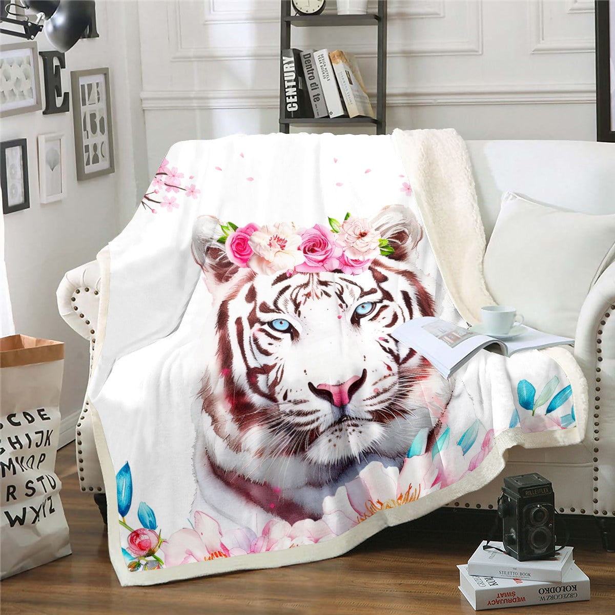 Floral Tiger Fuzzy Blanket Pink Flowers Tiger Throw Blanket, Cartoon ...